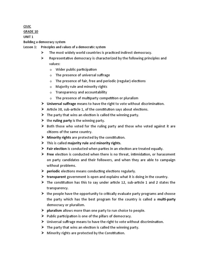 Grade 10 Civics: Democracy Principles | PDF | Rule Of Law | Democracy