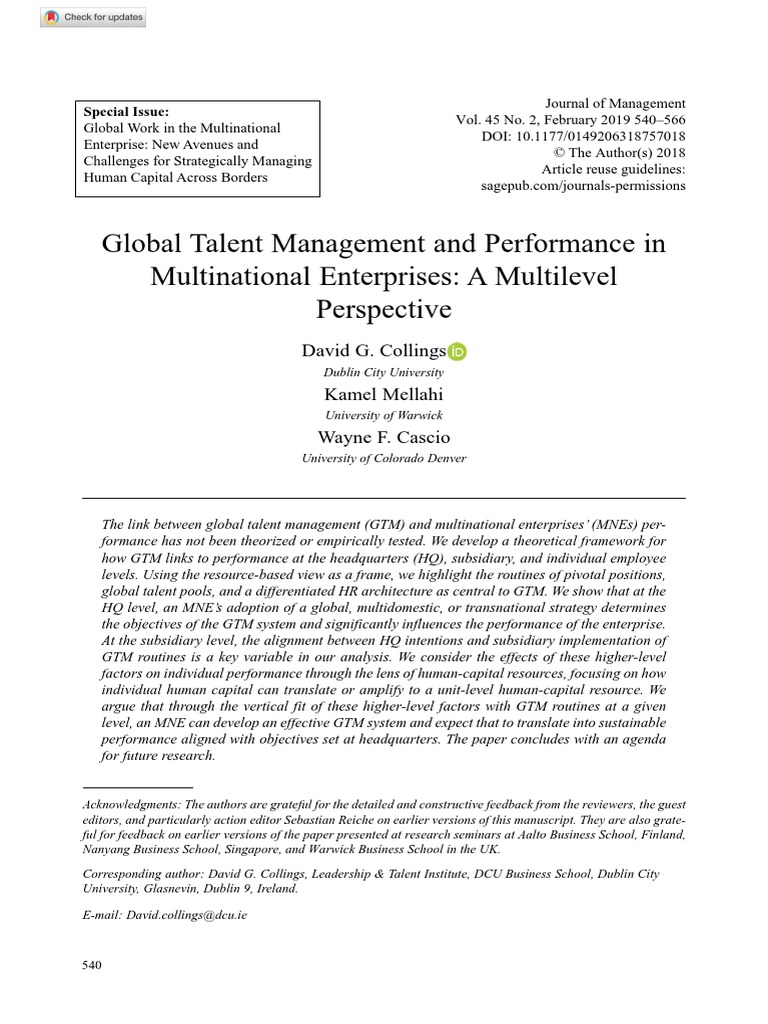 Collings Et Al 2018 Global Talent Management and Performance in Multinational Enterprises A ...