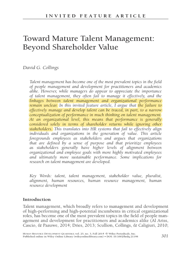 Human Resource Dev Quarterly - 2014 - Collings - Toward Mature Talent ...