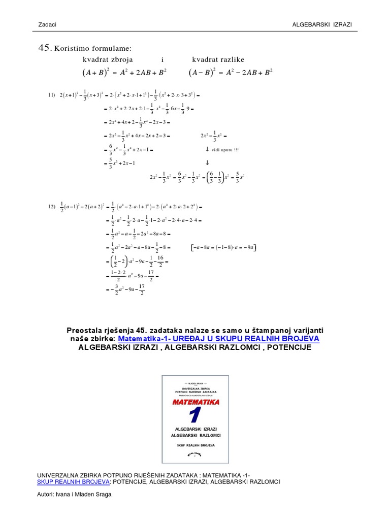 Alg Izrazi 45 Zad RJESENJA Mat 1 | PDF