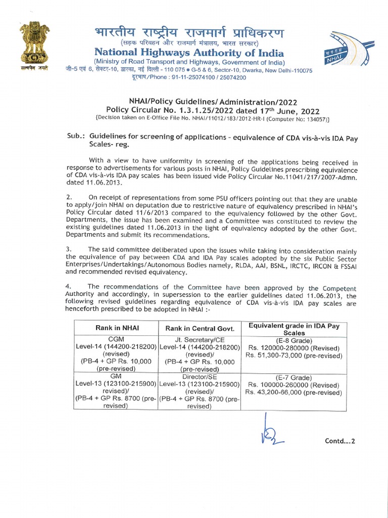 Revised Equivalency CDA Vis-A-Vis IDA Pay Scale Policy Circular No 1-3 ...