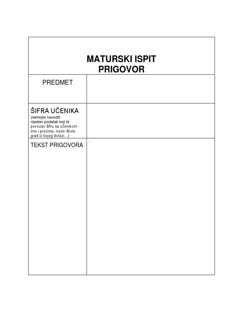 Prigovor Forma Maturski | PDF