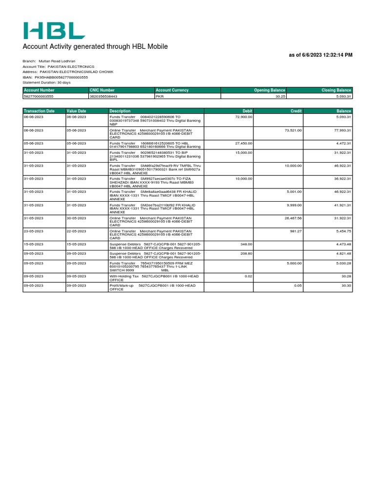 HBL Mobile Account Activity Report | PDF | Payments | Banks