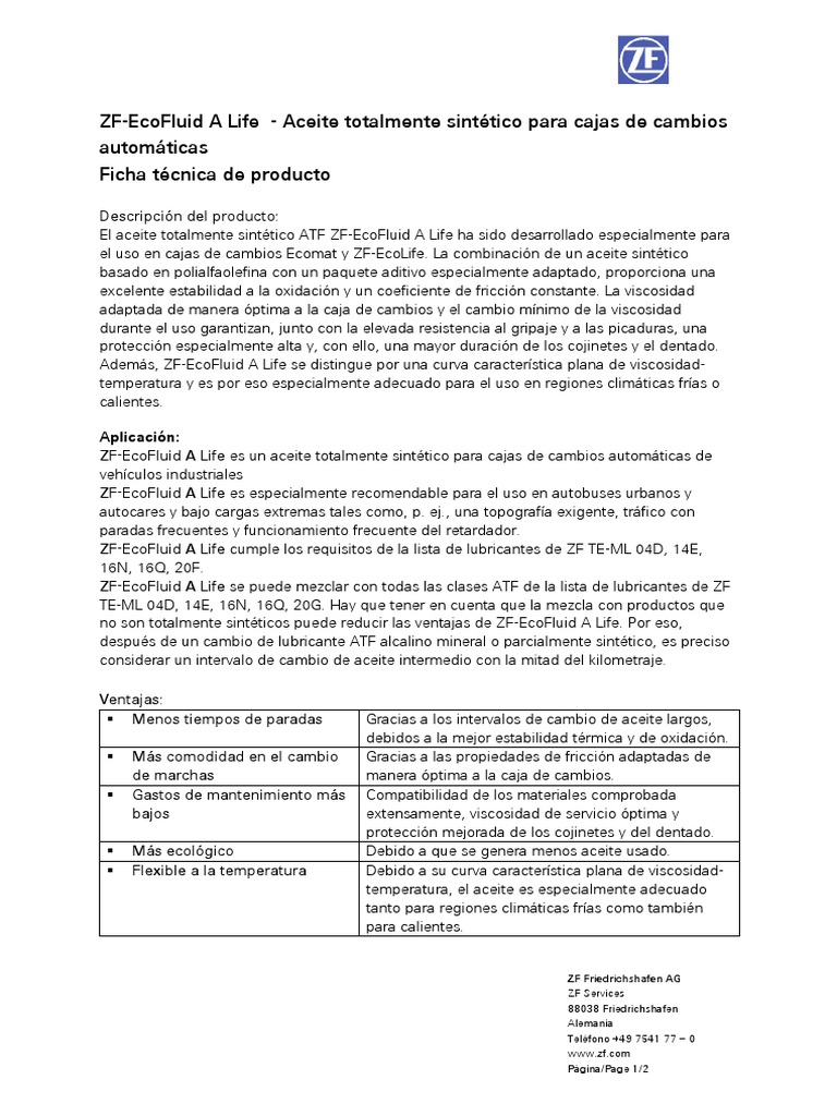 Ecofluid A Life - Es Ficha Técnica | PDF | Lubricante | Materiales