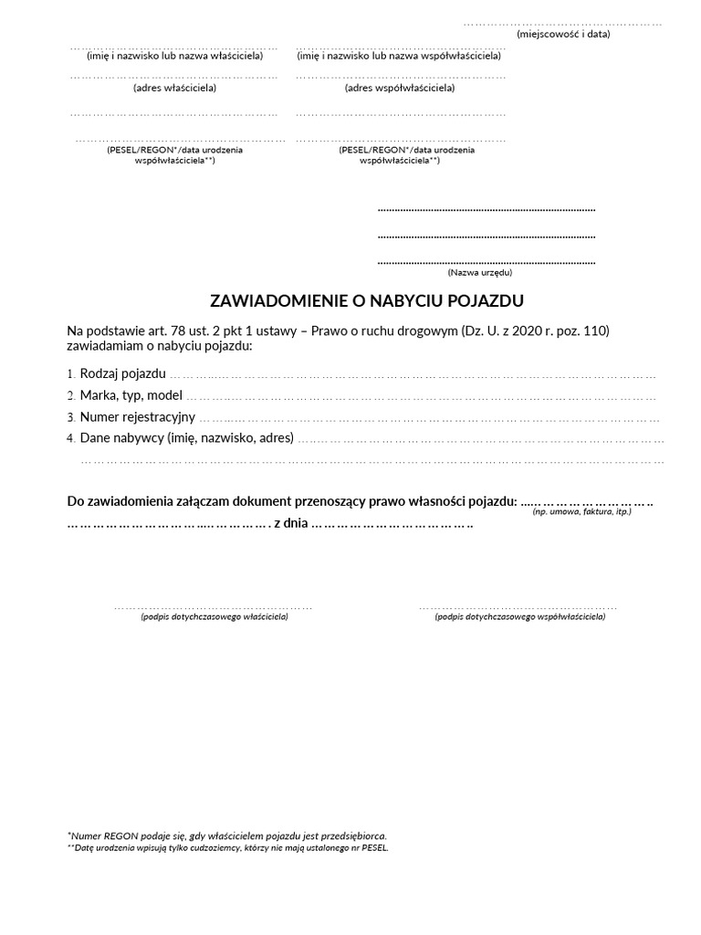 Zawiadomienie o Nabyciu Pojazdu Jakiwniosek PL | PDF