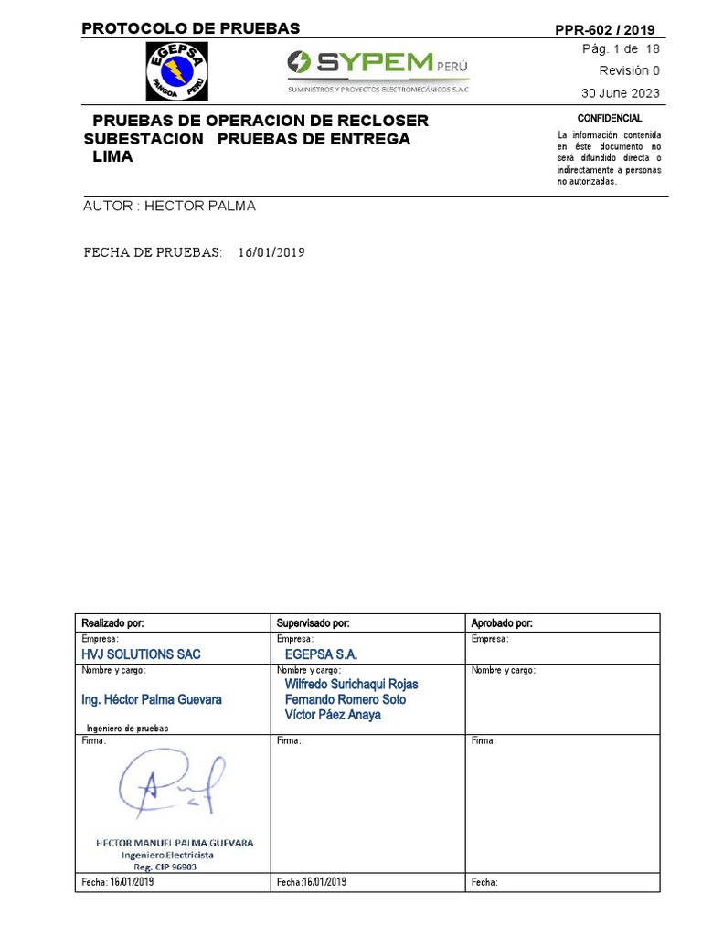 Pruebas de Reconectador-Protocolo de Pruebas | PDF
