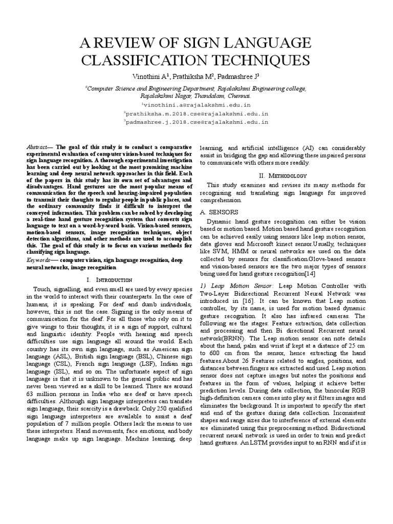 A REVIEW OF SIGN LANGUAGE CLASSIFICATION TECHNIQUES | PDF | Deep Learning | Support Vector Machine