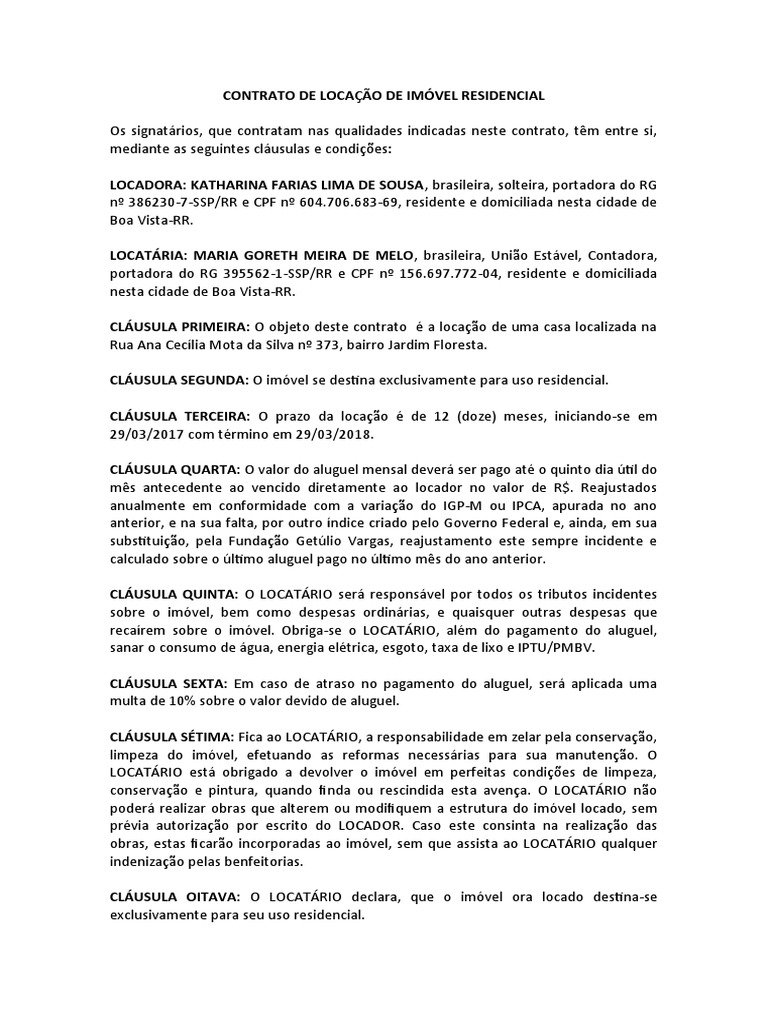 Contrato De Locação De Imóvel Residencial Pdf Aluguel Conceitos