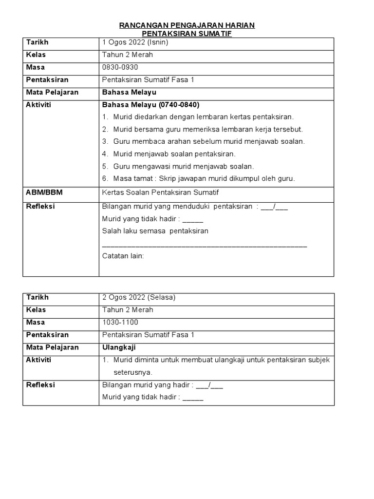 Contoh RPH Peperiksaan - Ulangkaji + Exam | PDF