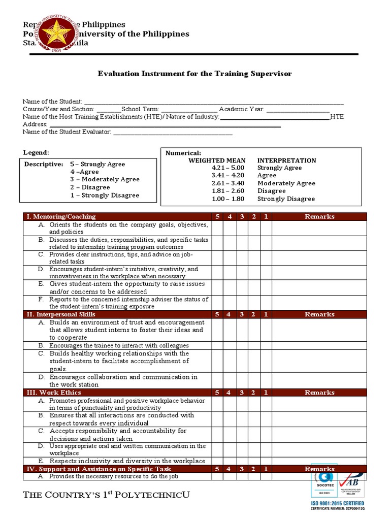 Evaluation Instrument For Training Supervisor - Final | PDF | Job Hunting | Internship