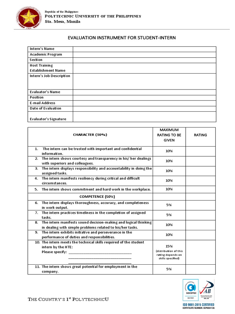 Evaluation Instrument For Student Intern Final | PDF | Internship | Job ...