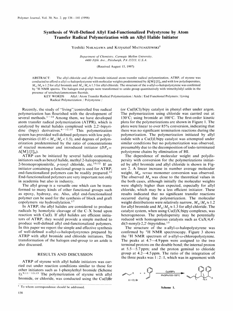 Allyl End-Functionalized Polystyrene Synthesis | PDF | Chemistry ...