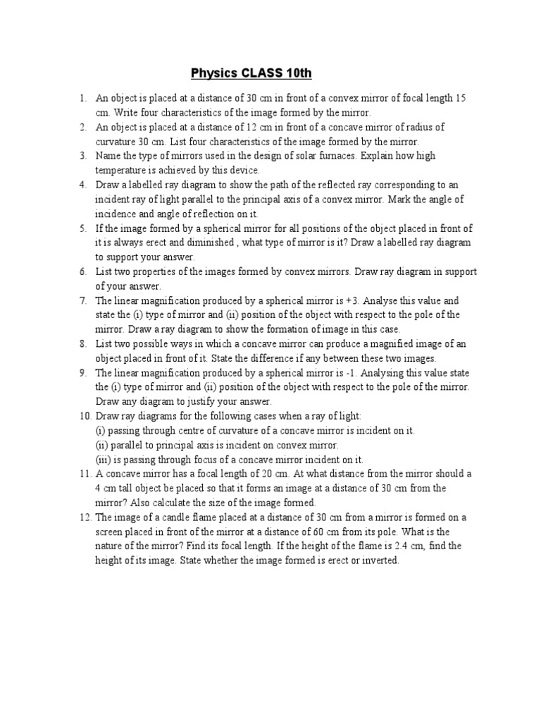 Holiday Homework Physics Class 10th | PDF | Mirror | Physical Sciences