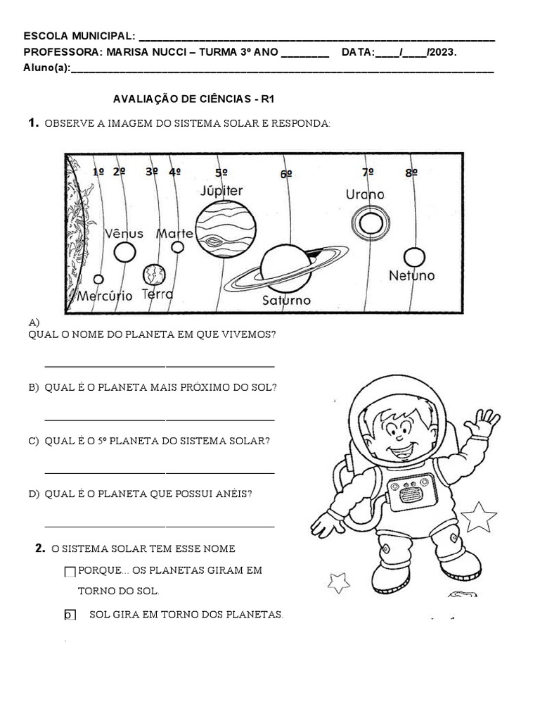 Avaliacao de Ciencias Sistema Solar | PDF | Ciências e Matemática