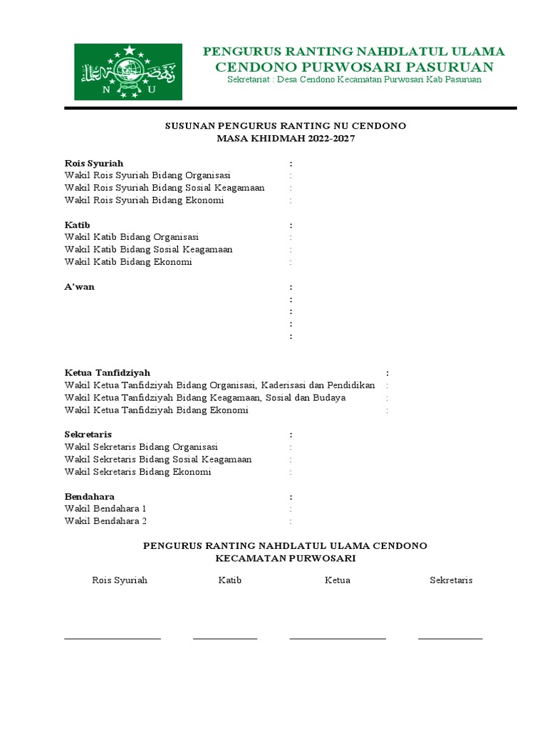 Susunan Pengurus Nu Ranting Cendono 2022-2027 | PDF