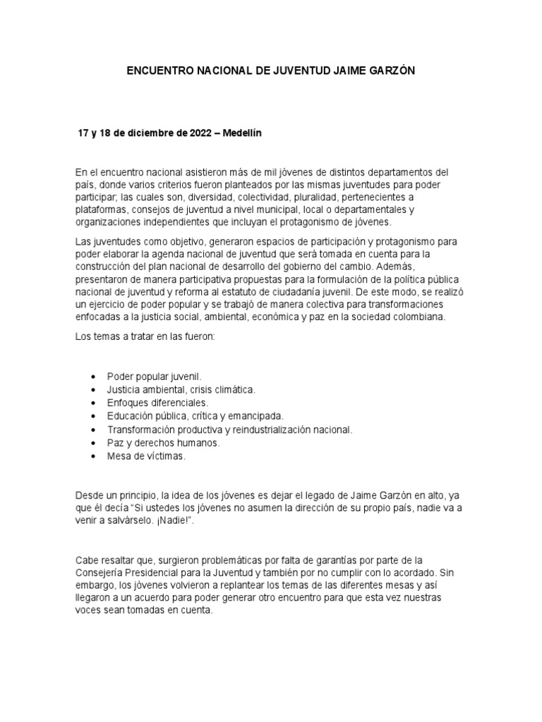 Encuentro Nacional de Juventud Jaime Garzón | PDF | Política