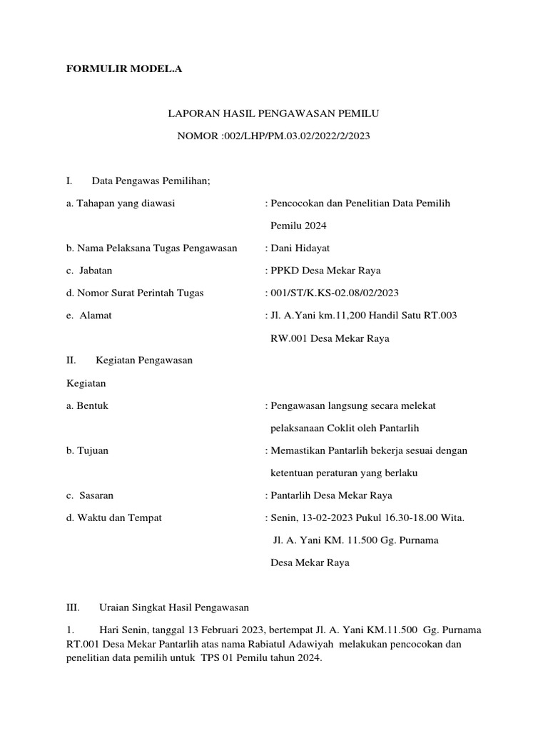 Form A Desa Mekar Raya Minggu 1 | PDF