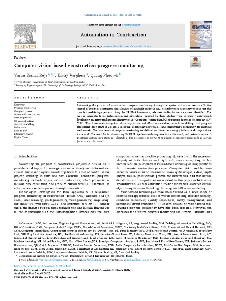 Computer Vision-Bases Construction Progress Monitoring | PDF | Computer Vision | 3 D Computer ...