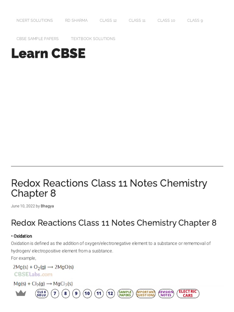 Redox Reactions Class 11 Notes Chemistry Chapter 8 - Learn CBSE | PDF ...