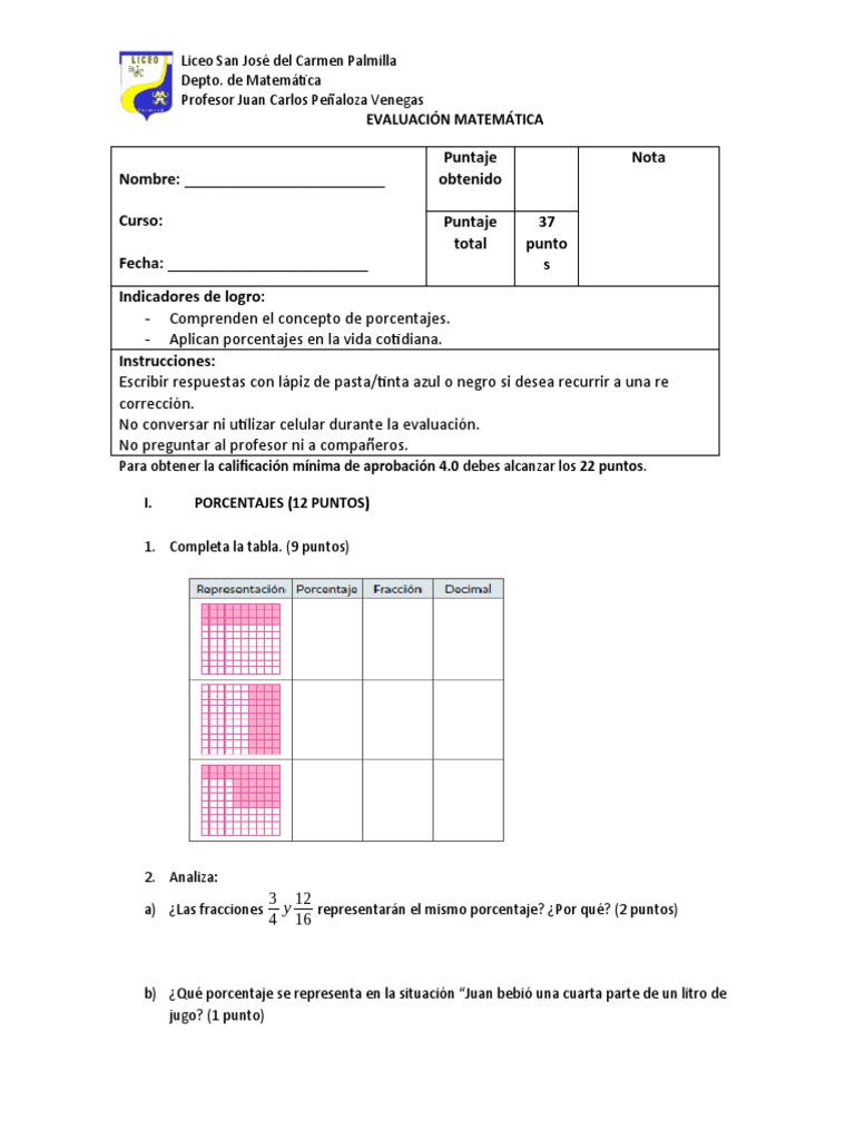 EVALUACIÓN MATEMÁTICA 7 Basico Porcentajes | PDF