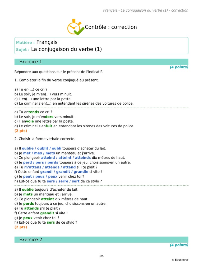 Correction des exercices de conjugaison | PDF | Verbe | Grammaire