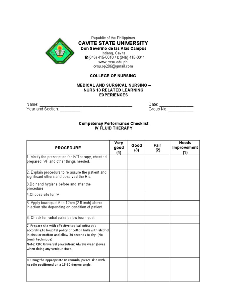 Iv Procedure Checklist | PDF | Intravenous Therapy | Medical Specialties