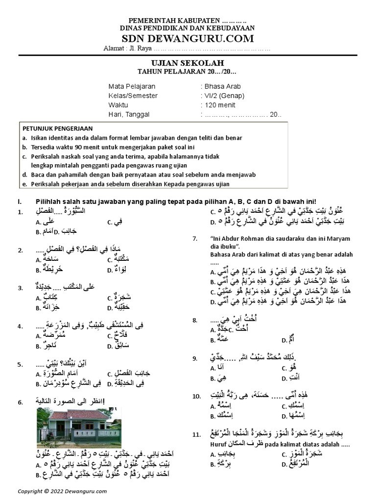 1 Soal UM Bahasa Arab Kelas 6 - Jawabannya | PDF
