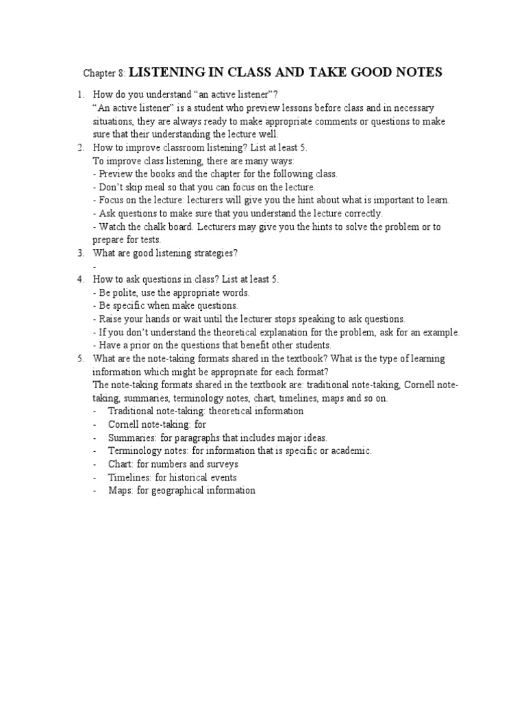 Chpater 8 Listening in Class and Take Good Notes | PDF