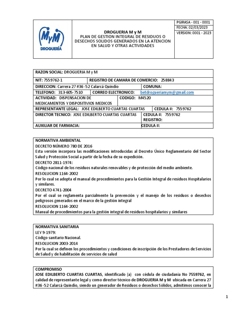 PGIRASA - DROGUERIA M y M JL | PDF | Residuos | Medicamentos con receta