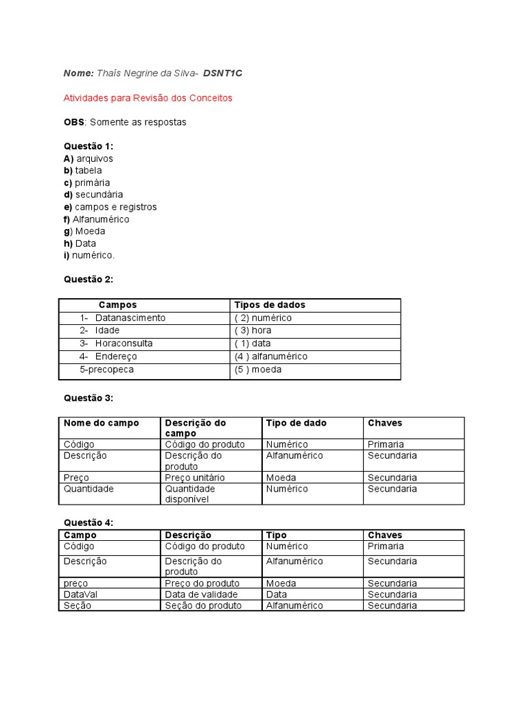 Word, Respostas Atividade BD | PDF | Informática