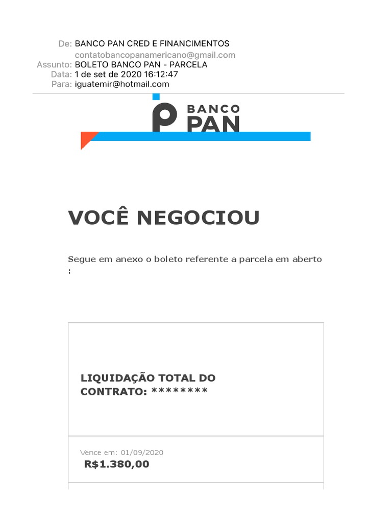 Boleto de Financiamento Banco Pan | PDF | Finanças e Administração de ...
