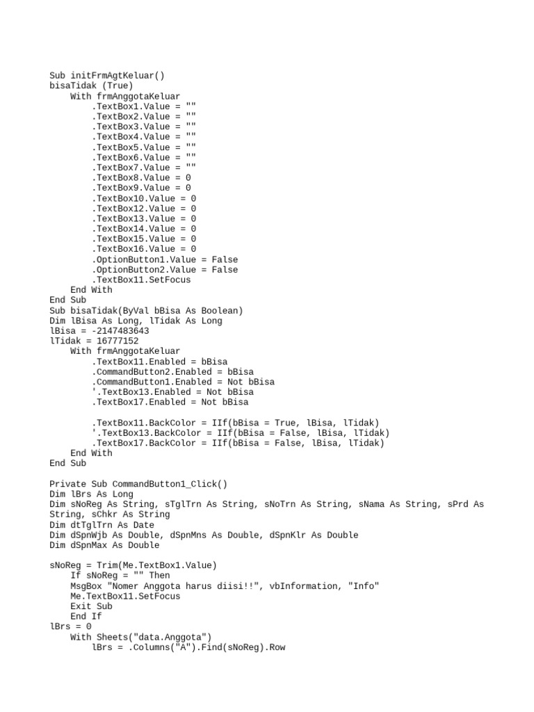 Kode Vba Perbaikan Anggota Keluar Pdf Computer Programming Software Engineering