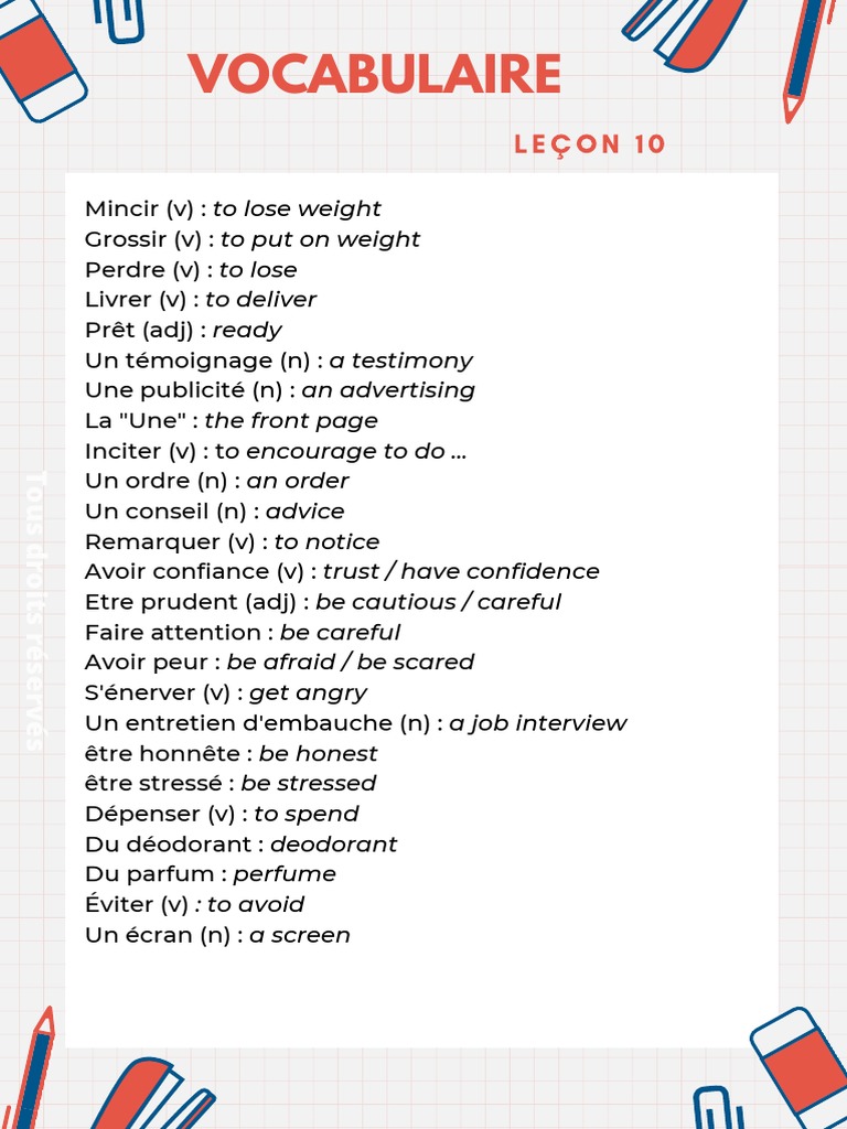 Vocabulaire essentiel : Leçons 10 et 11 | PDF
