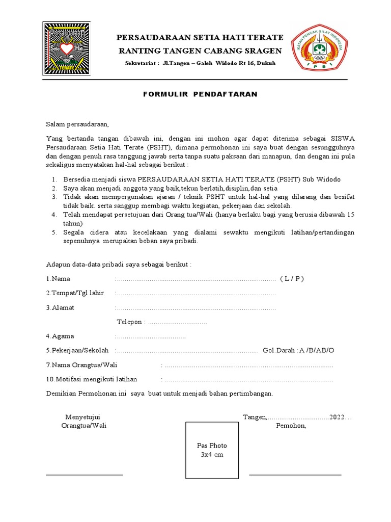 Formulir Pendaftaran PSHT | PDF