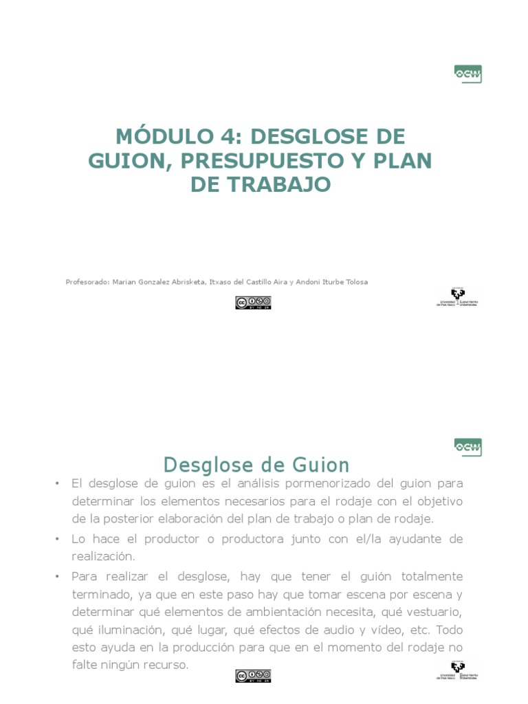 Módulo 4. Desglose de Guión. Localizaciones. Plan de Trabajo | PDF | Presupuesto