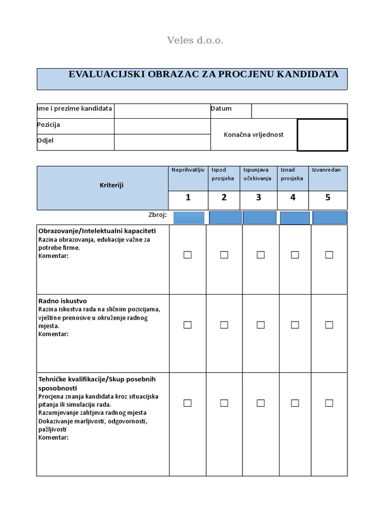 Veles_Evaluacijski obrazac | PDF