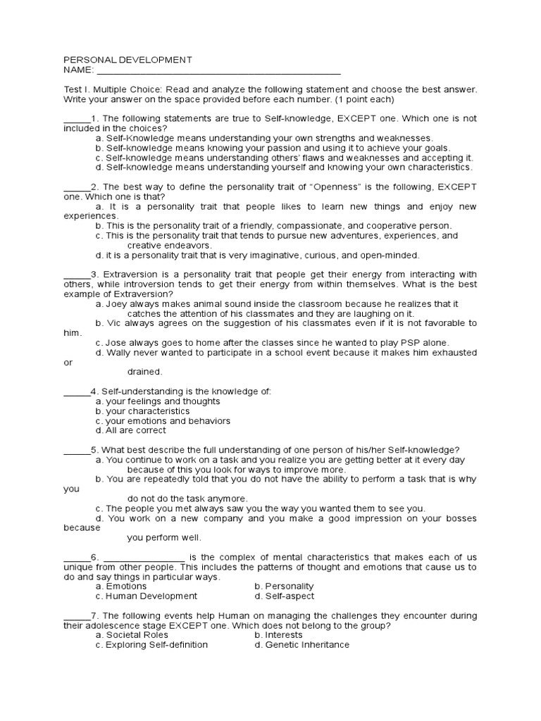 Test Questions For Personal Development | PDF | Developmental ...