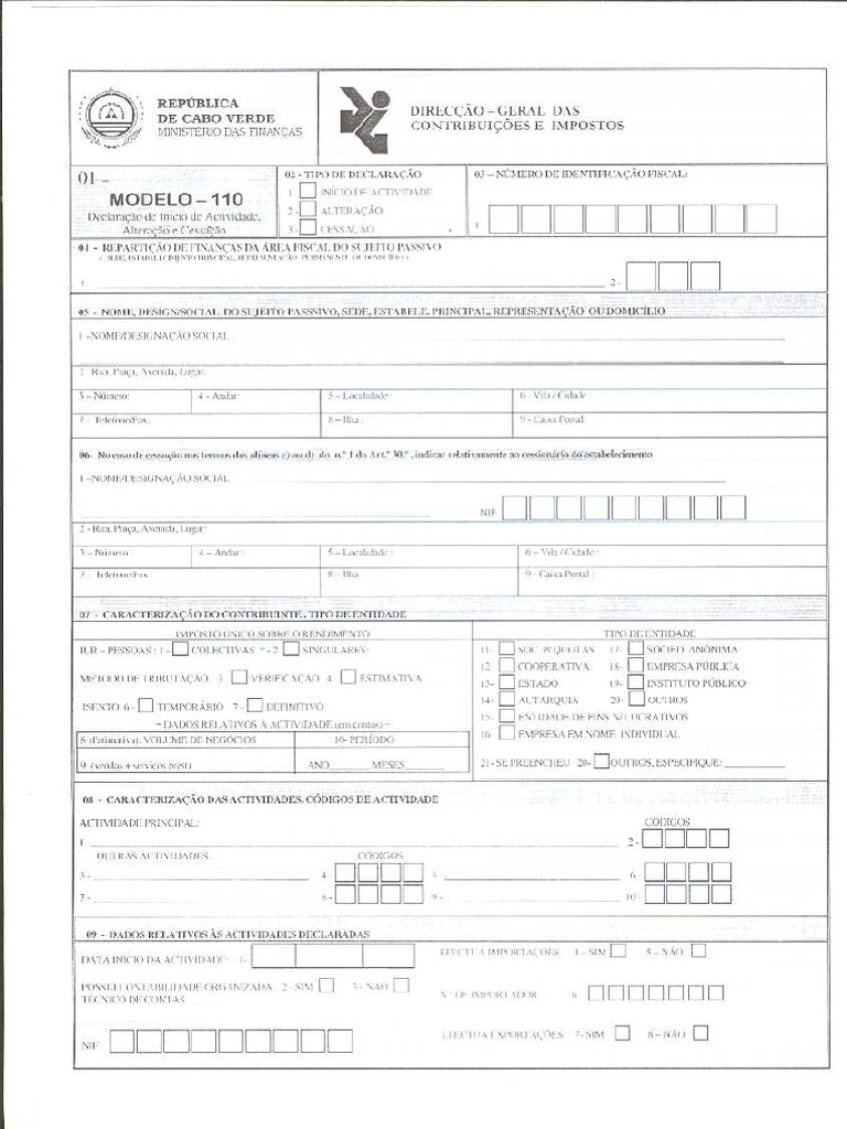 IVA - Modelo 110 - Declaração Inicio Alteração e Cessação de Actividade ...