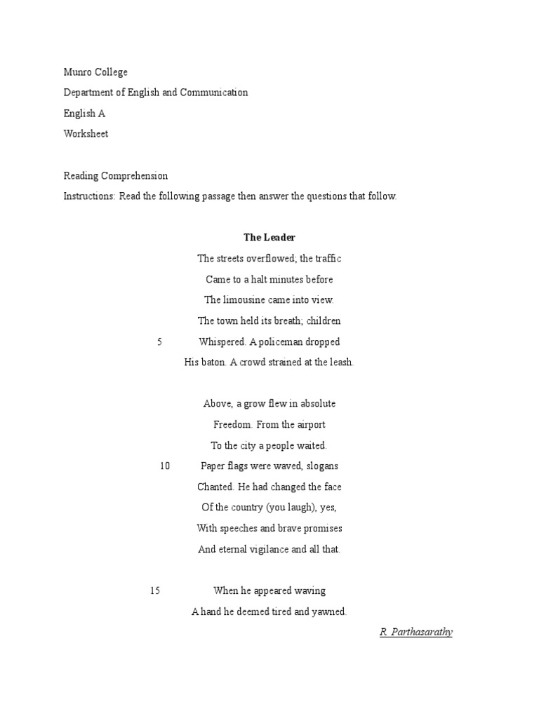 The Leader Poetry Worksheet | PDF | Poetry