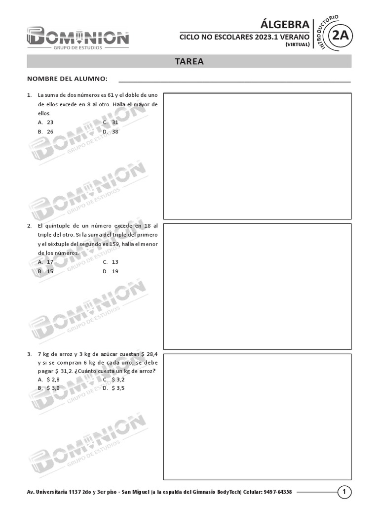 Álgebra - Introductorio 2A - Planteo de Ecuaciones de 1° Grado - Tarea | PDF
