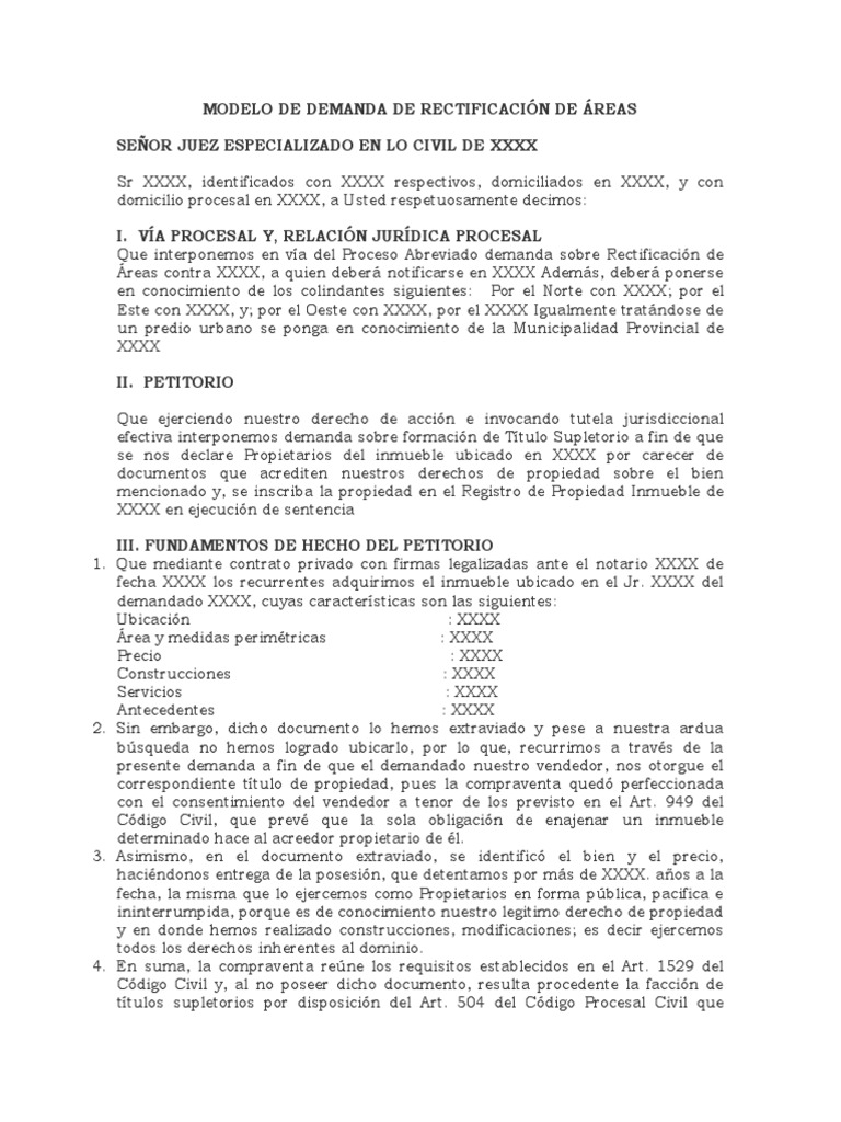 MODELO DE DEMANDA DE RECTIFICACIÓN DE ÁREAS Y LINDEROS | PDF | Propiedad | Demanda judicial