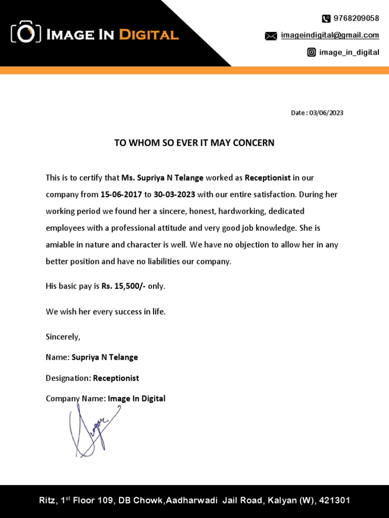 Supriya Telange - Exp Letter | PDF