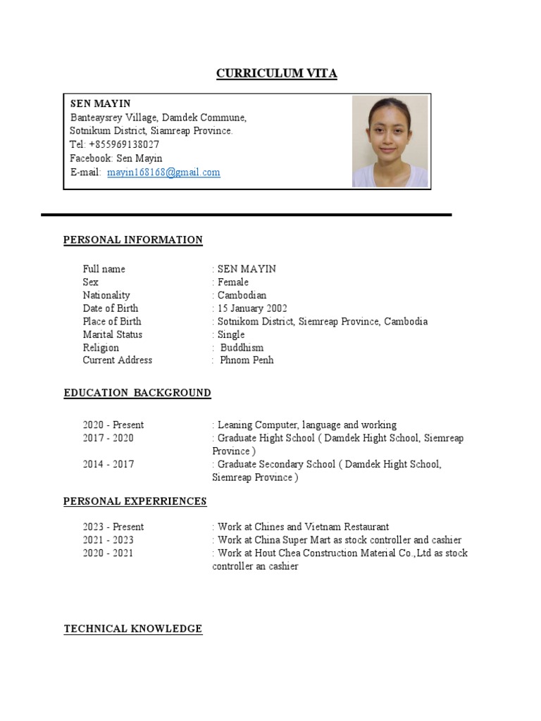 CV Sen Mayin | PDF | Cambodia | Learning