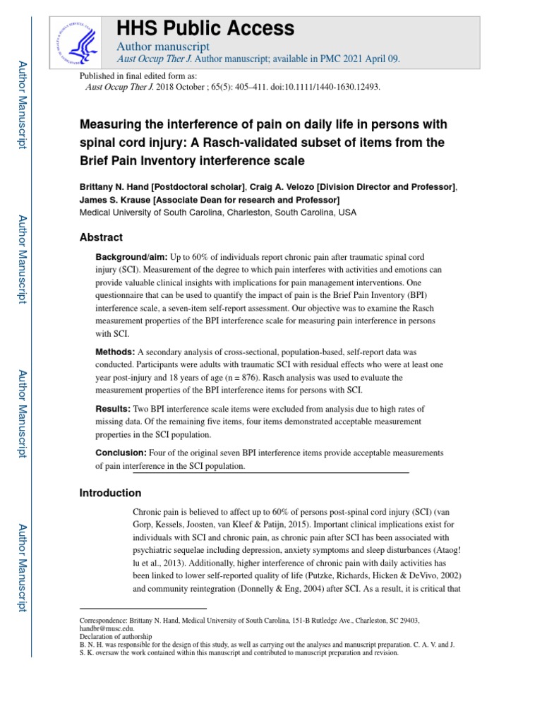 Measuring The Interference of Pain in Daily Life in Persons With Spinal ... Measuring The Interference of Pain in Daily Life in Persons With Spinal ...