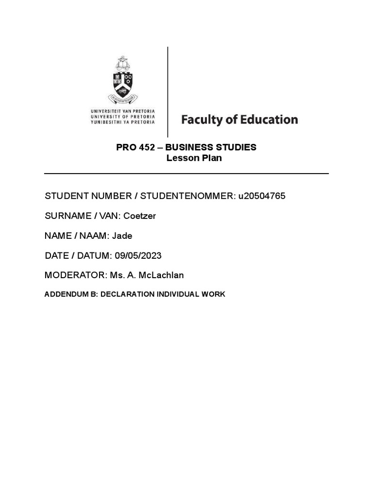 Jade Coetzer PRO 452 Lesson Plan 7 | PDF | Learning | Learning Theory ...