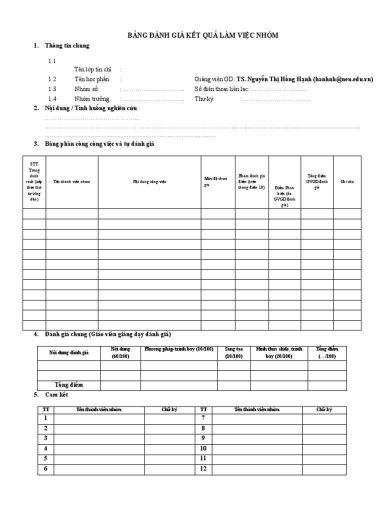 Form danh gia bài tập nhóm | PDF
