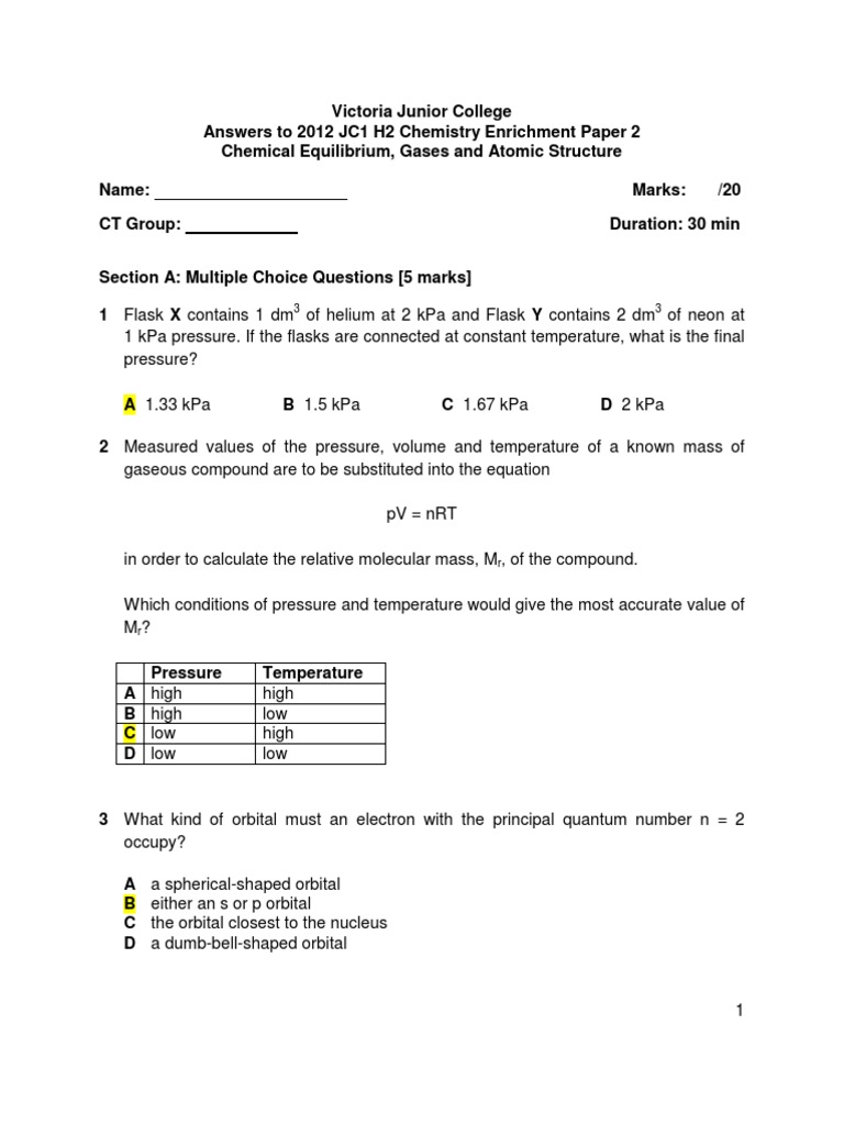 2012 JC1 H2 Chemistry Answers | PDF | Gases | Atomic Orbital