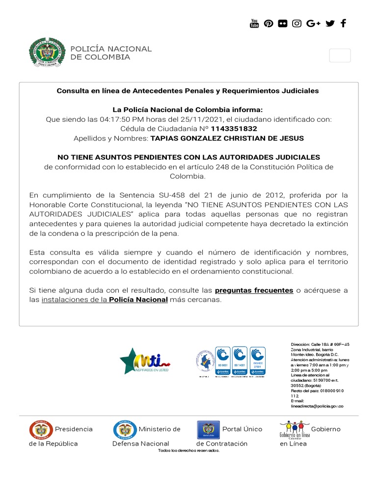 Policía Nacional de Colombia | PDF | Colombia | Justicia