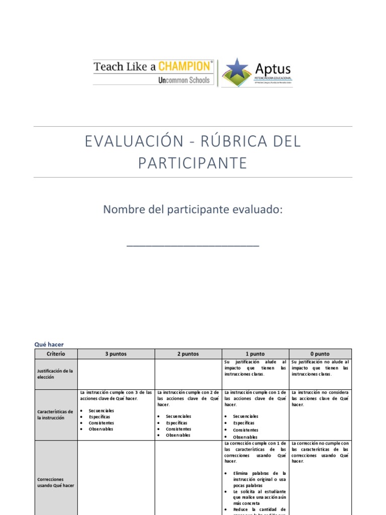 Evaluación - Rúbrica Del Participante | PDF