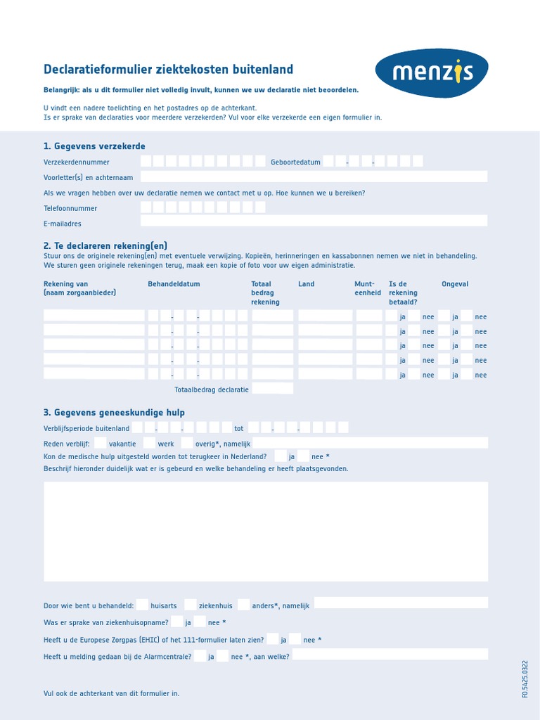 Menzis Declaratieformulier Ziektekosten Buitenland Invulbaar | PDF